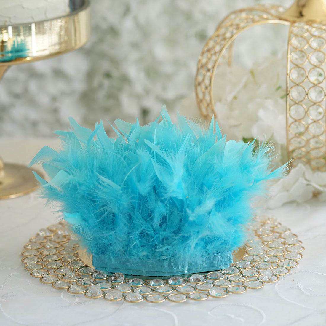 Turquoise Turkey Feather Trim with Satin Tape | eFavormart